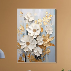 Original Flower Painting on Canvas Gold Floral Textured Wall Art Living Room Wall Art Modern ...