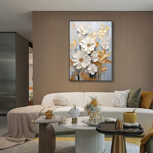 Original Flower Painting on Canvas Gold Floral Textured Wall Art Living Room Wall Art Modern ...