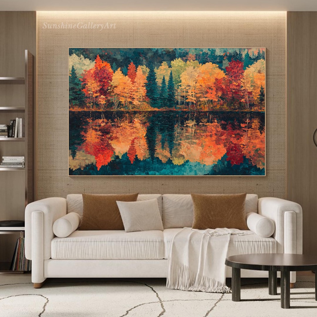 Original Autumn Landscape Painting on Canvas 3D Fall Forest Reflection ...