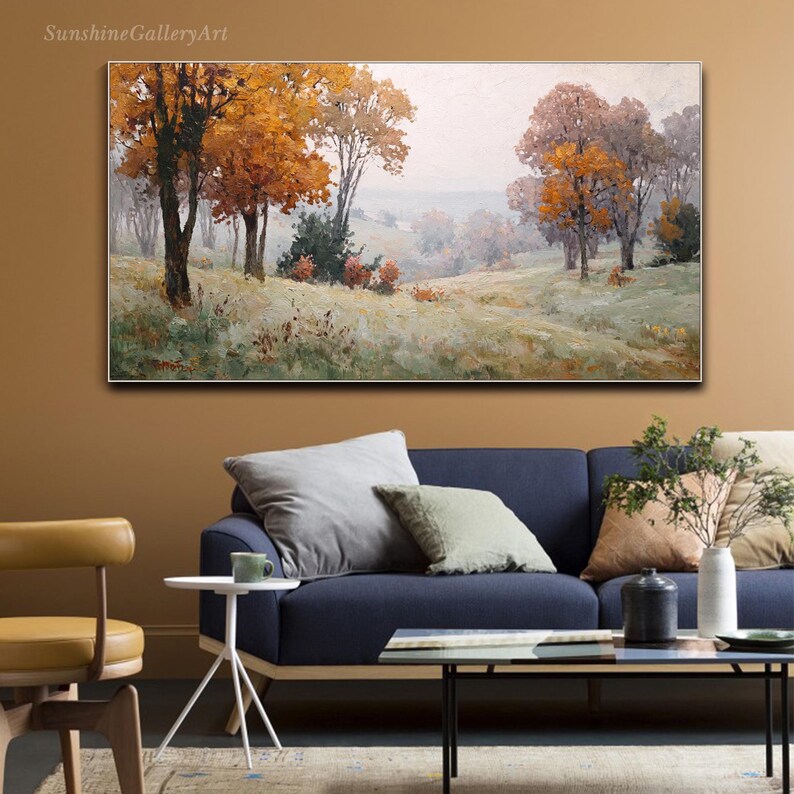 Autumn Landscape Painting on Canvas Foggy Forest Scene Textured Wall ...