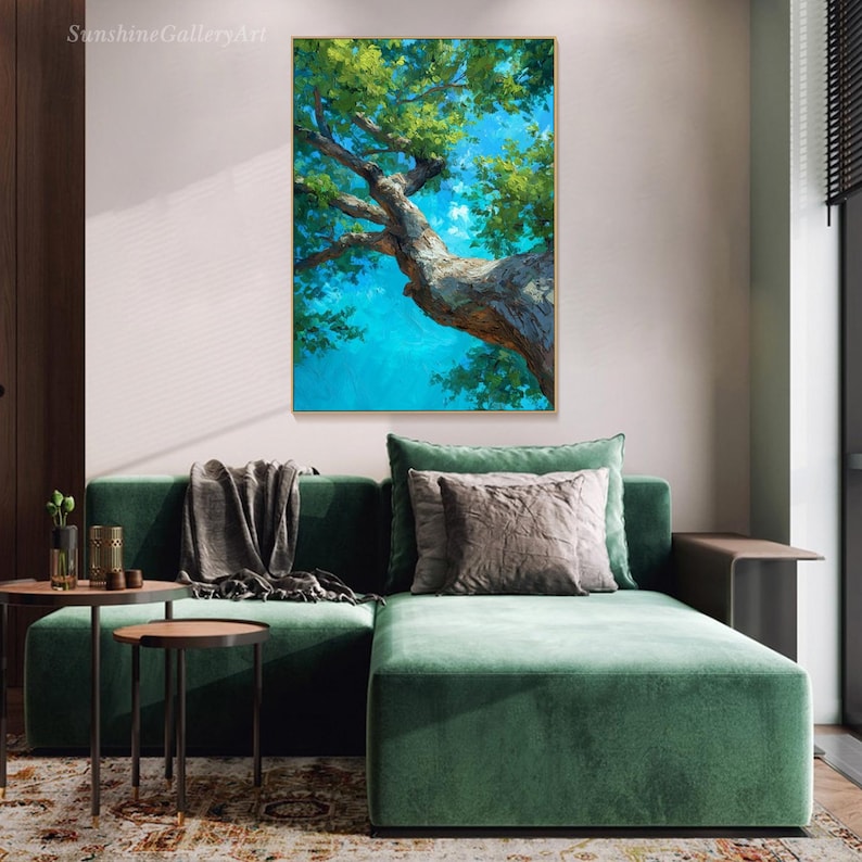 Impasto Tree Painting on Canvas Vibrant Nature Textured Wall Art Sky ...