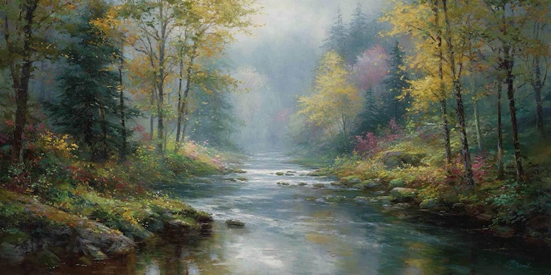 Forest Landscape Painting on Canvas River Stream Art Autumn Forest ...