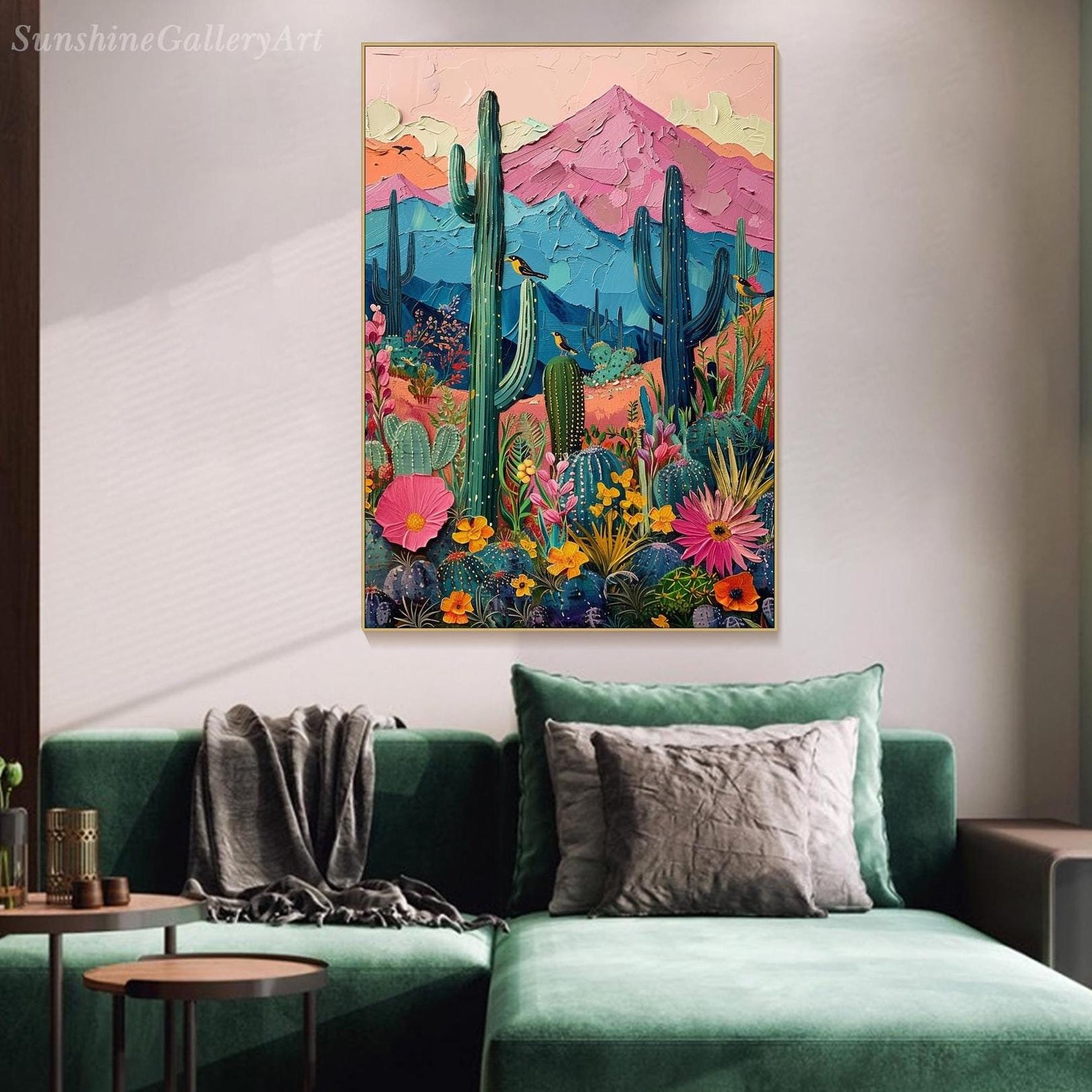 3D Colorful Desert Textured Wall Art Cactus & Mountain Painting on ...