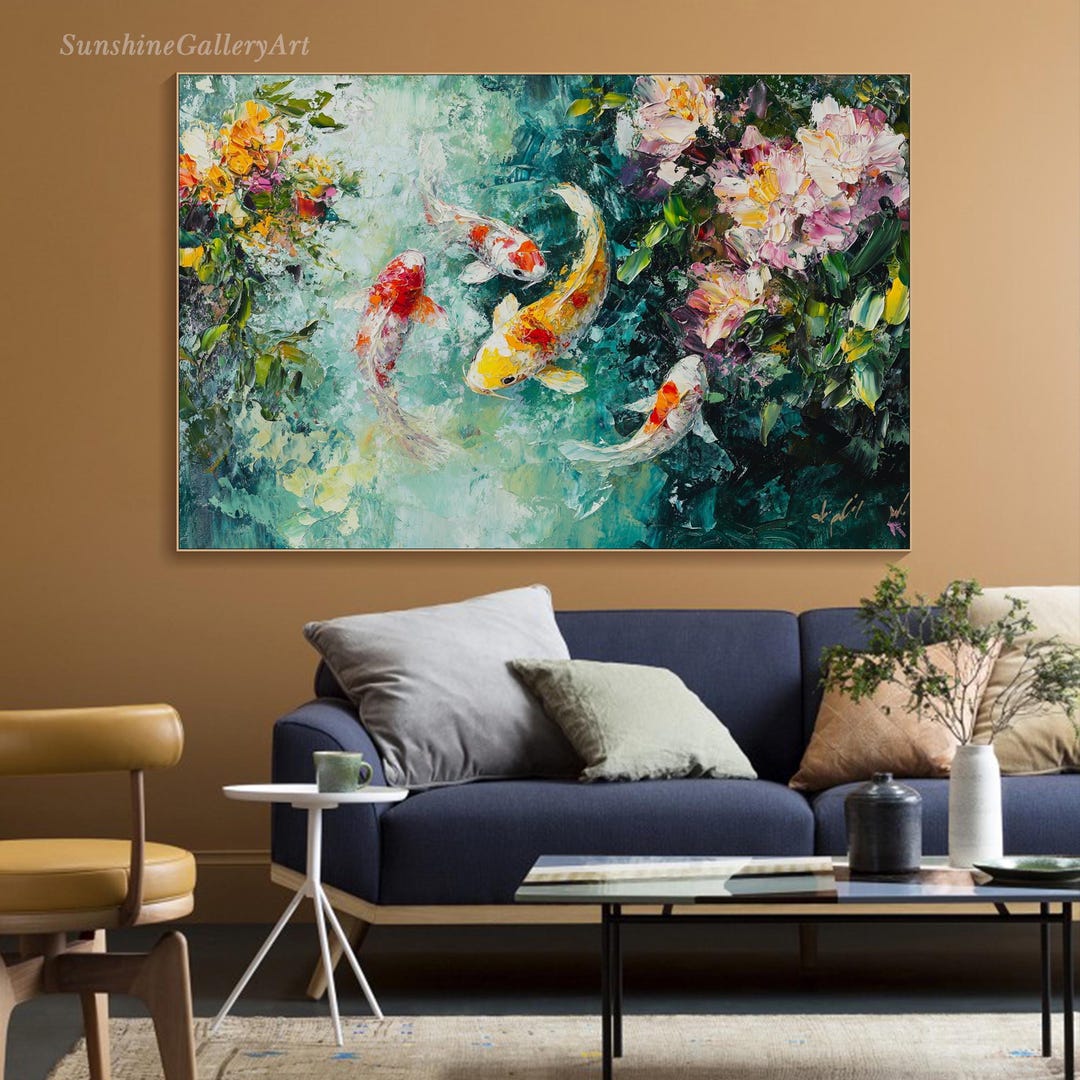 Koi Fish Painting on Canvas 3D Koi Pond Textured Wall Art Japanese Zen ...