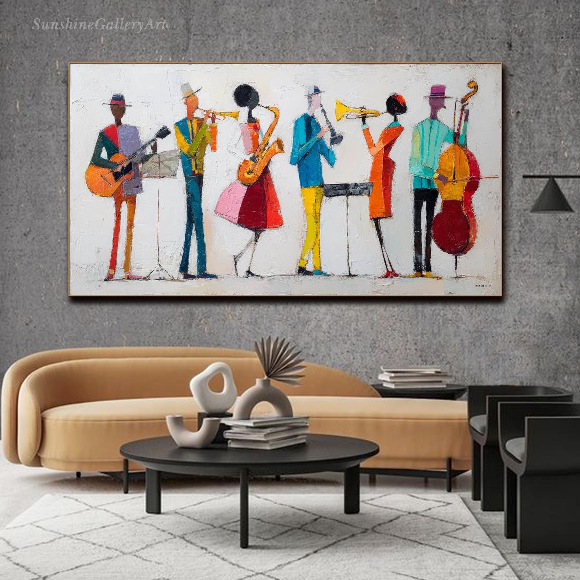 Abstract Jazz Band Painting on Canvas Colorful Musician Textured Wall ...