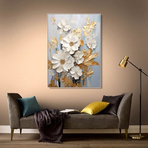 Original Flower Painting on Canvas Gold Floral Textured Wall Art Living Room Wall Art Modern ...