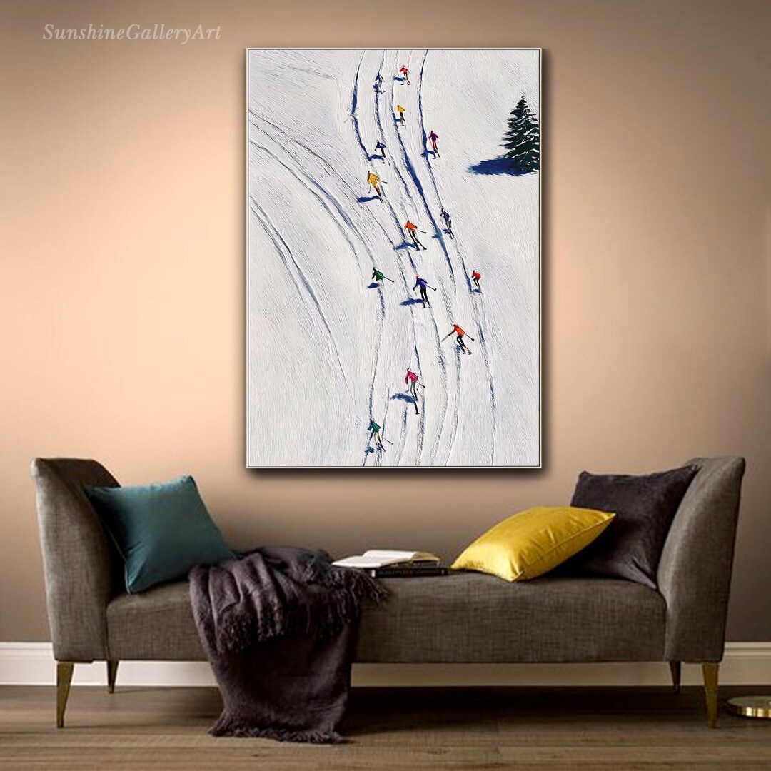 Skiers on Snow Oil Painting on Canvas Textured Winter Landscape Wall ...