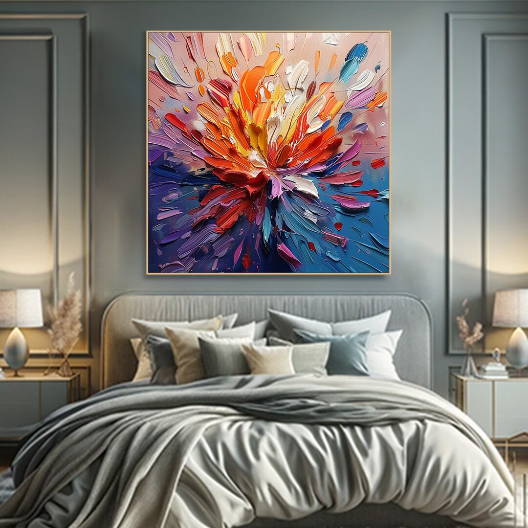Original Framed Colorful Blooming Flower Painting on Canvas Textured ...