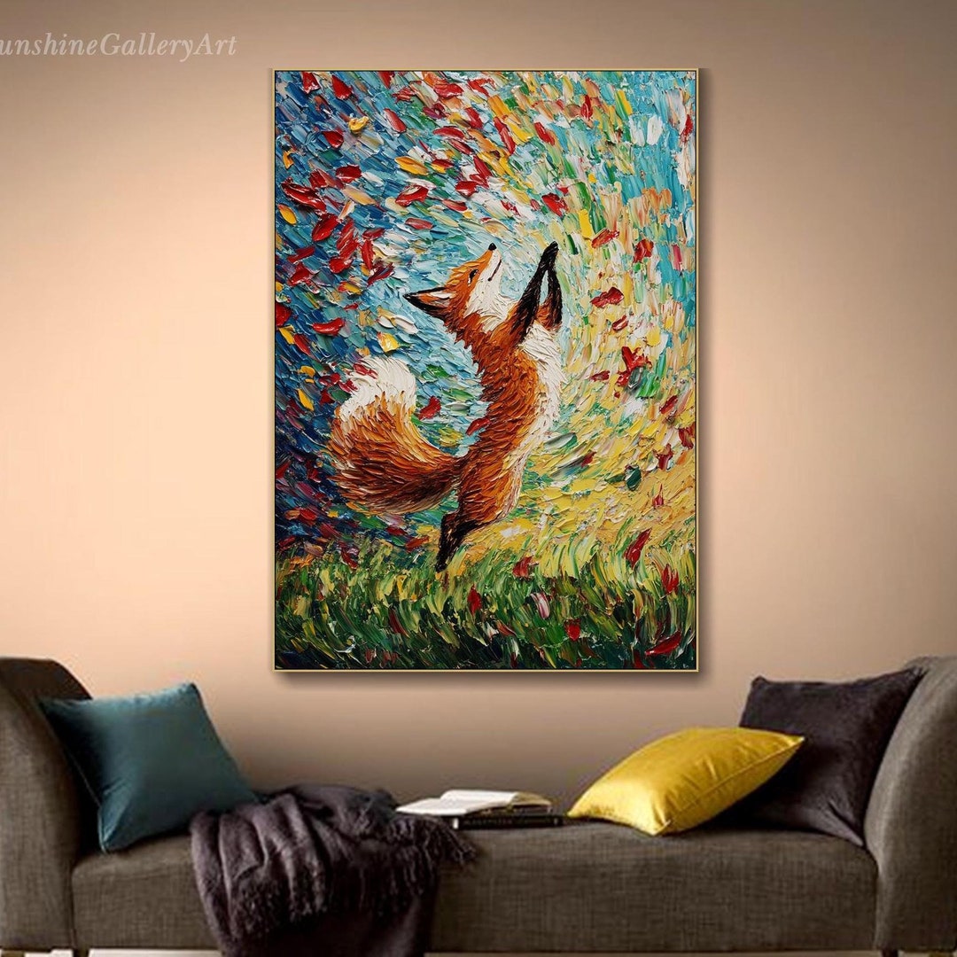 Original Fox Painting on Canvas Colorful Animal Texture Wall Art ...