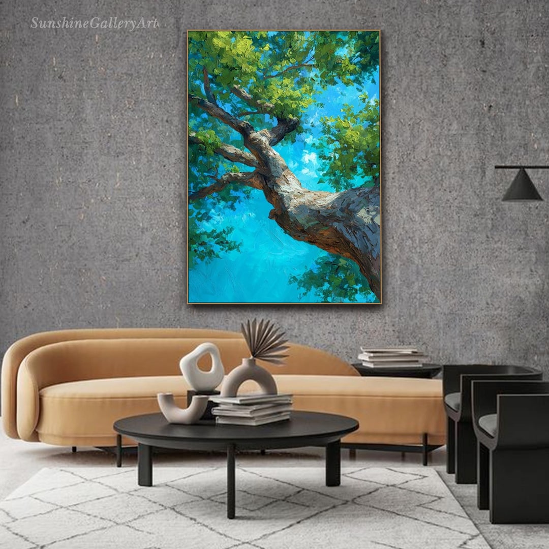 Impasto Tree Painting on Canvas Vibrant Nature Textured Wall Art Sky ...