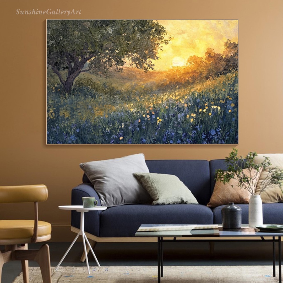 Golden Sunset Painting on Canvas 3D Meadow Texture Wall Art ...