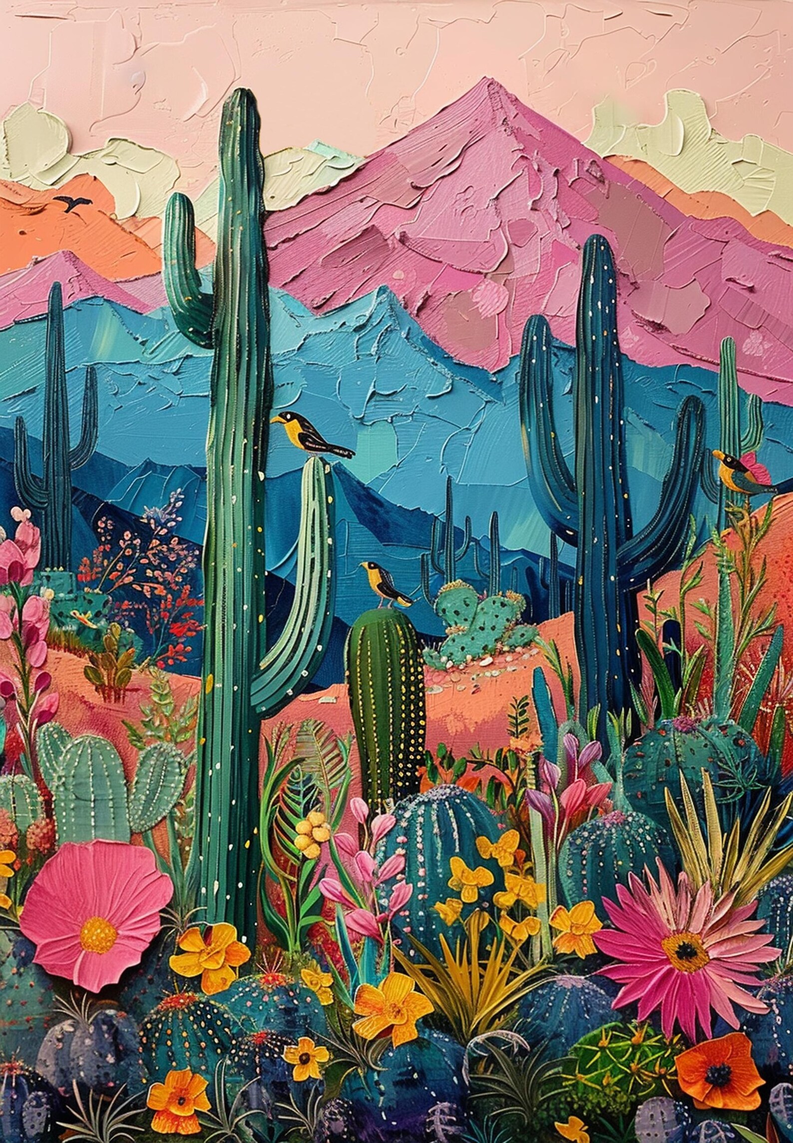 3D Colorful Desert Textured Wall Art Cactus & Mountain Painting on ...