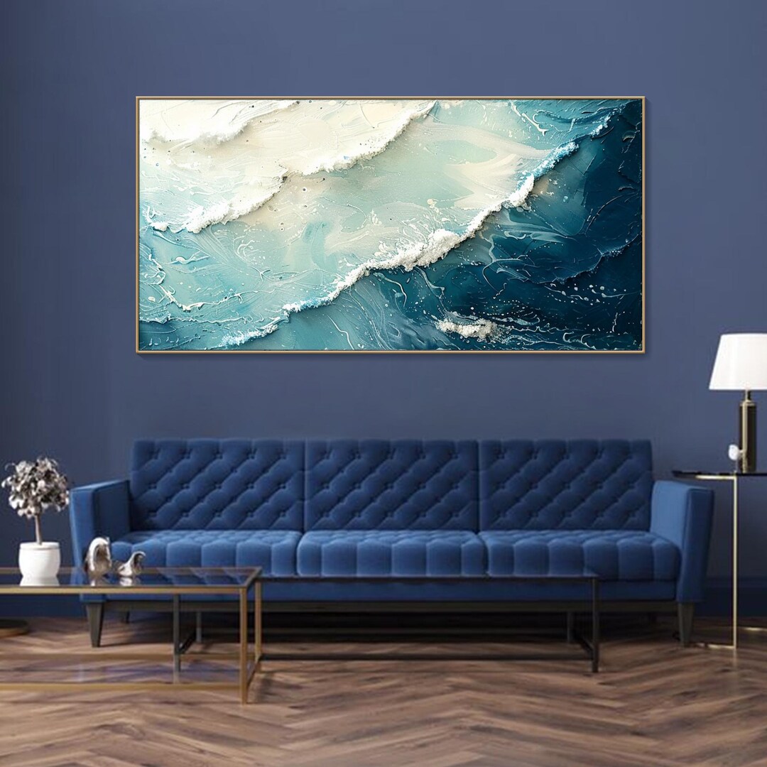 Arte de pared texturizado 3D Pintura azul del océano sobre lienzo ...