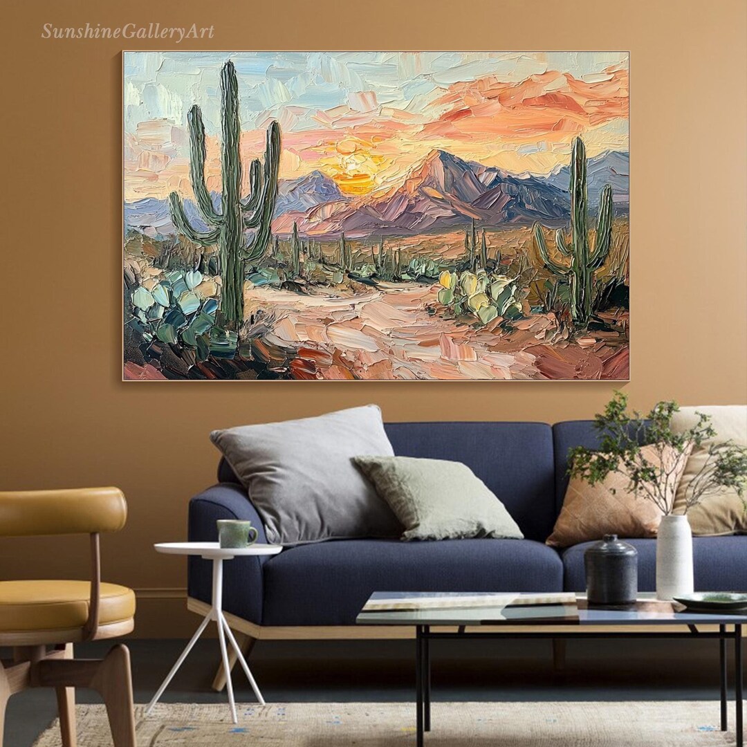 Southwestern Desert Painting on Canvas 3D Cactus Sunset Texture Wall ...
