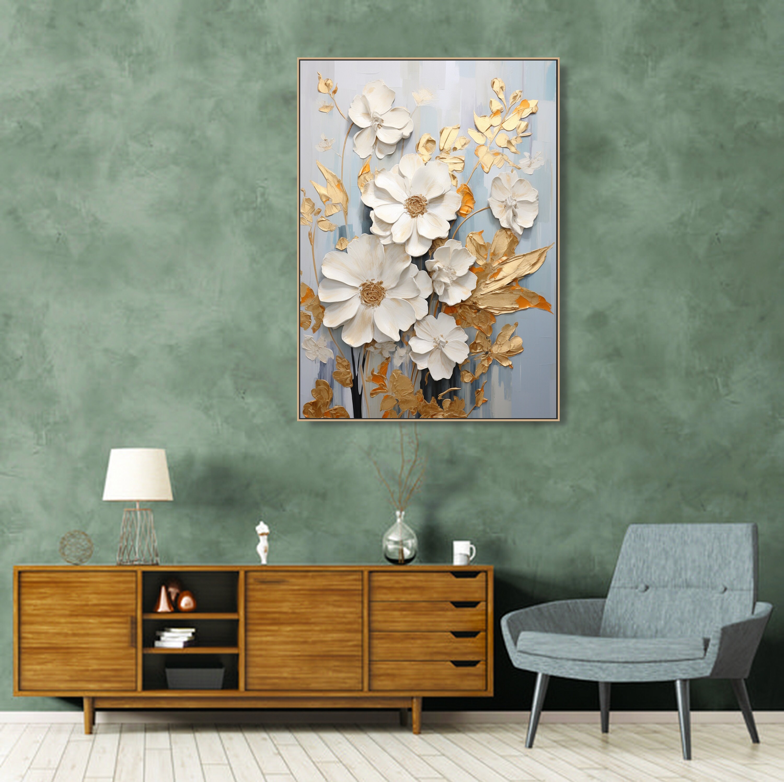 Original Flower Painting on Canvas Gold Floral Textured Wall - Etsy