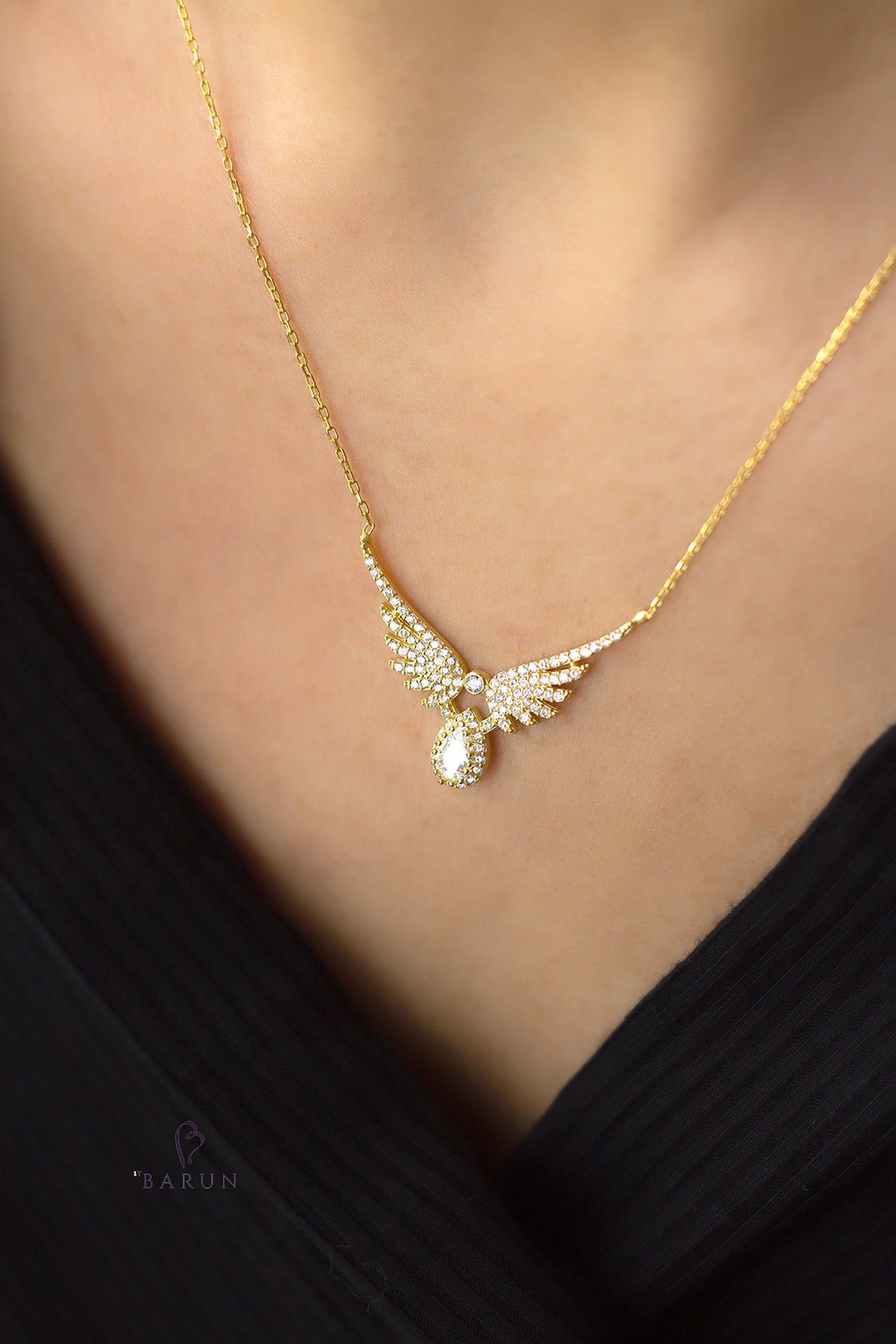 Sparkly Teardrop Angel Wings Necklace, Guardian Angel Necklace Jewelry ...