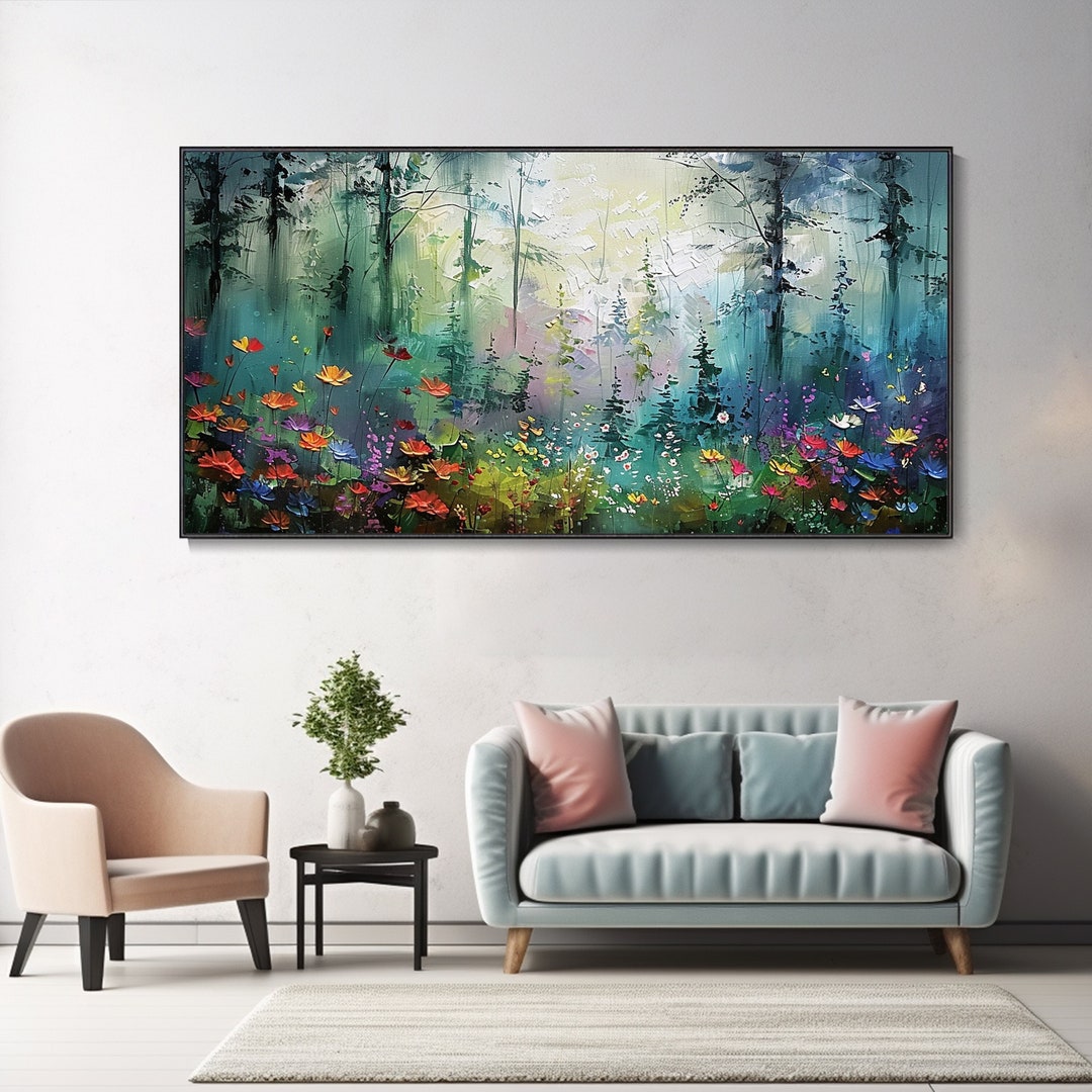 Original Colorful Forest Canvas Oil Painting Blue Green Flowers Texture ...