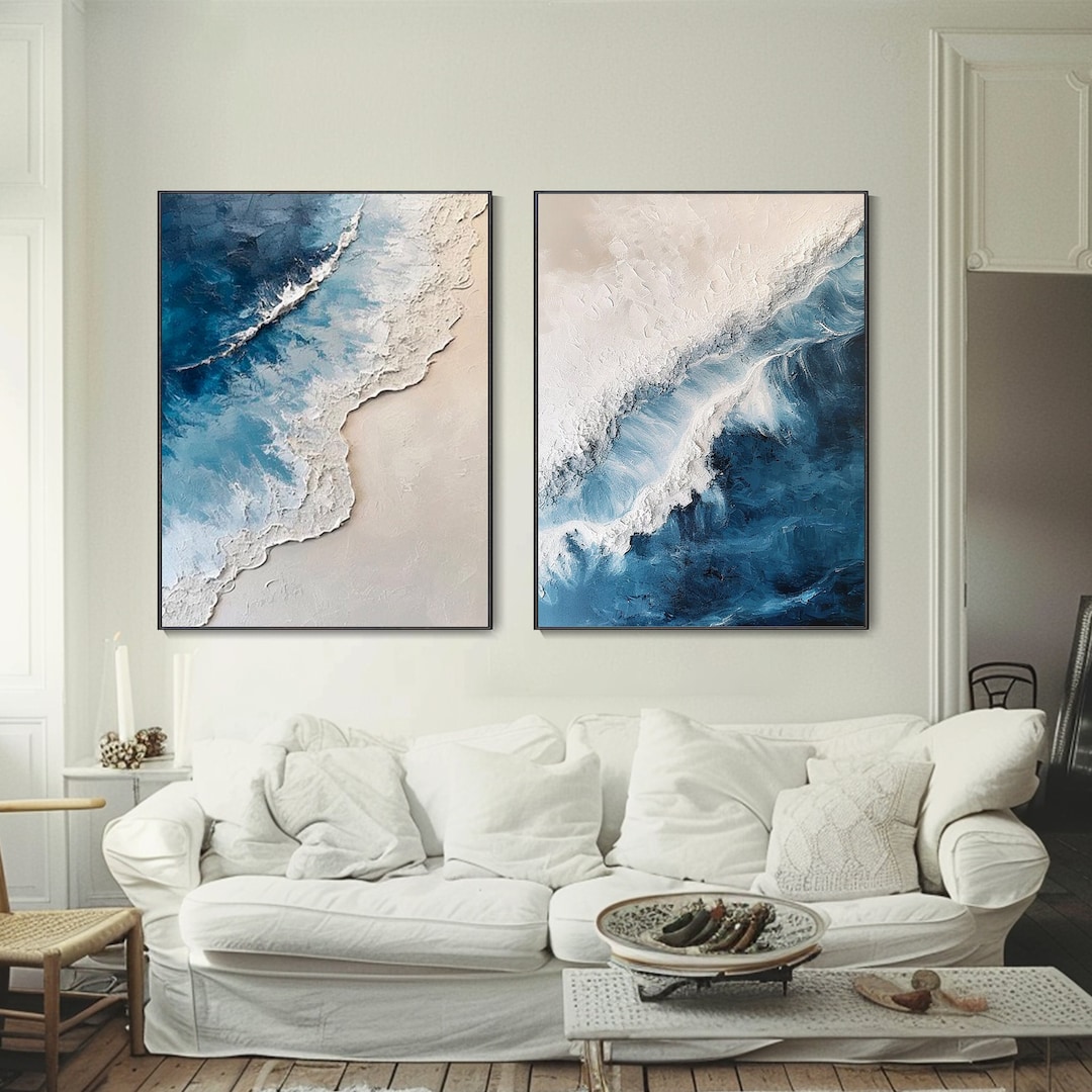 Abstract Blue Ocean Beach White Wave Texture Painting Minimalist Sandy ...