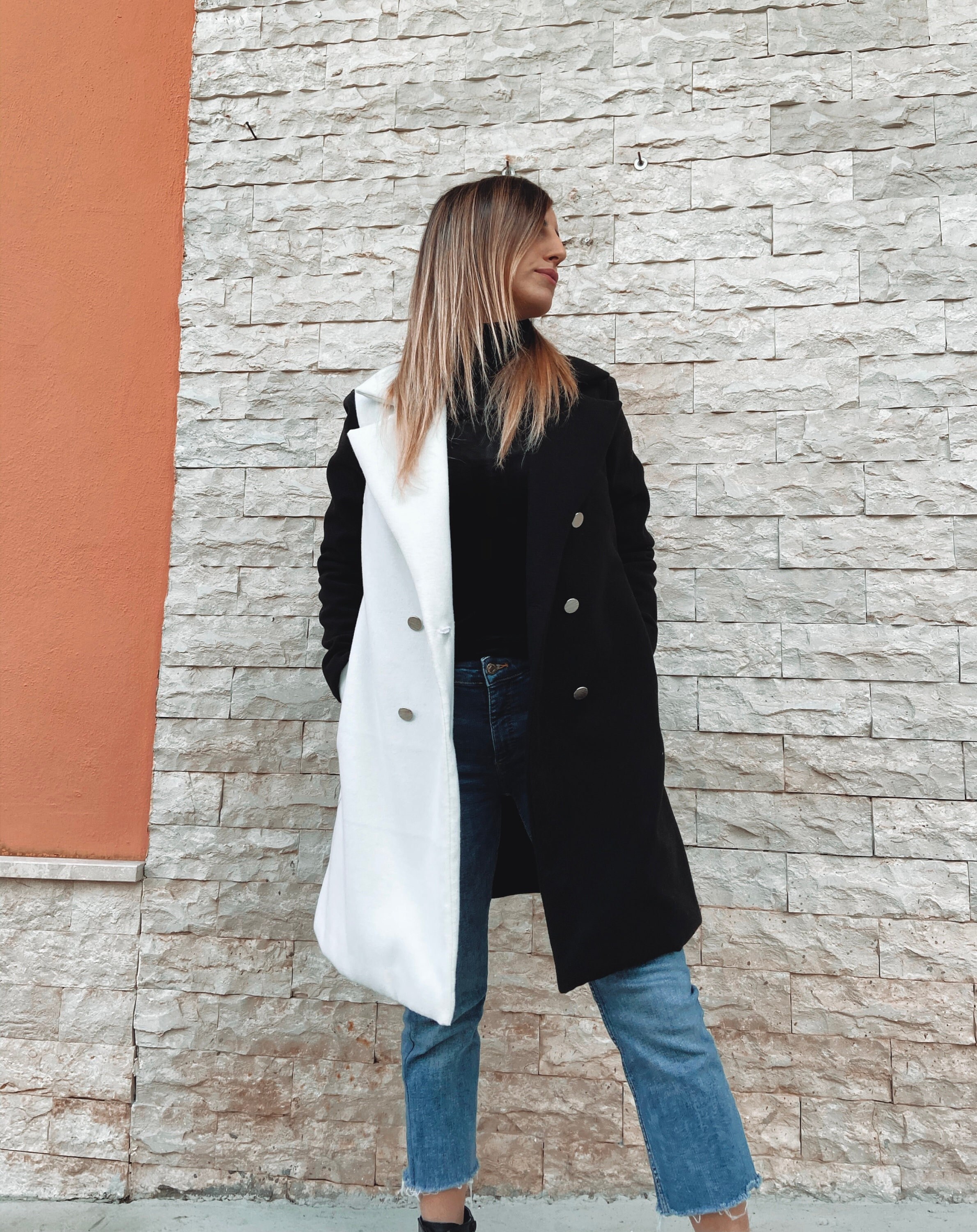 Winter coat Priscilla IO. black and white silver buttons long coat ...