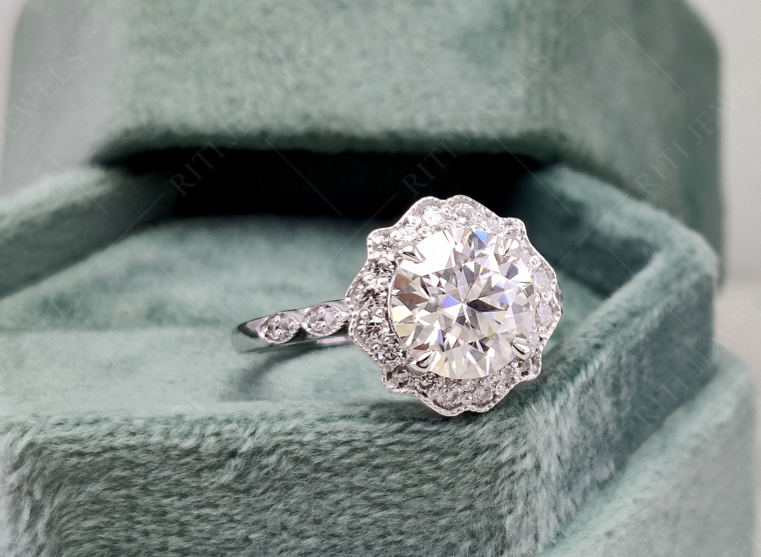 Art Deco Style Halo Engagement Ring, Vintage Inspired Round Moissanite ...