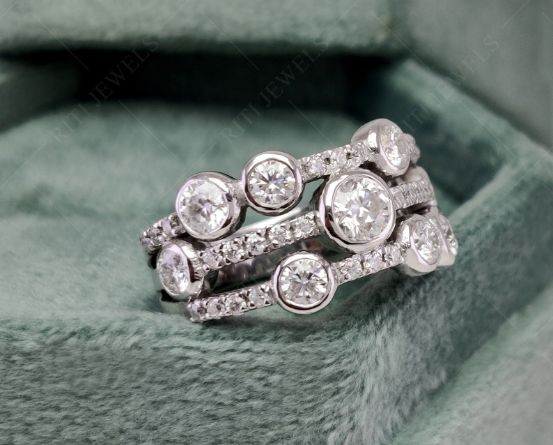 Three Row Moissanite Scatter Ring, Bubble Style Ring, Vintage Inspired ...