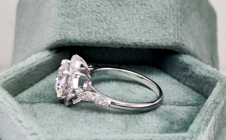 Art Deco Style Halo Engagement Ring, Vintage Inspired Round Moissanite Halo Ring, Silver ...