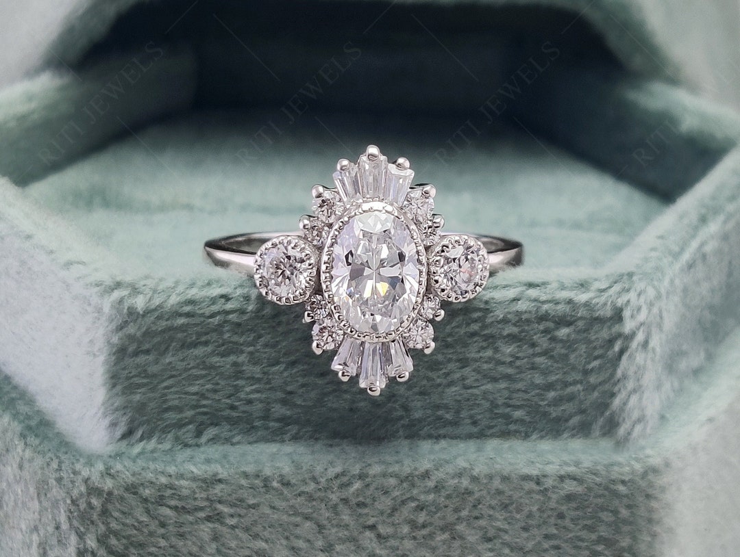 Gatsby Inspired Engagement Ring, Bezel Set Oval Sunburst Ring, Art Deco ...