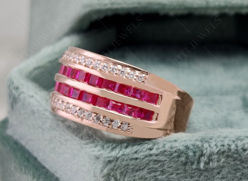 Ruby Anniversary Rings for Women, Channel Set Ruby Diamond Wedding Band, Vintage Wedding Bands ...