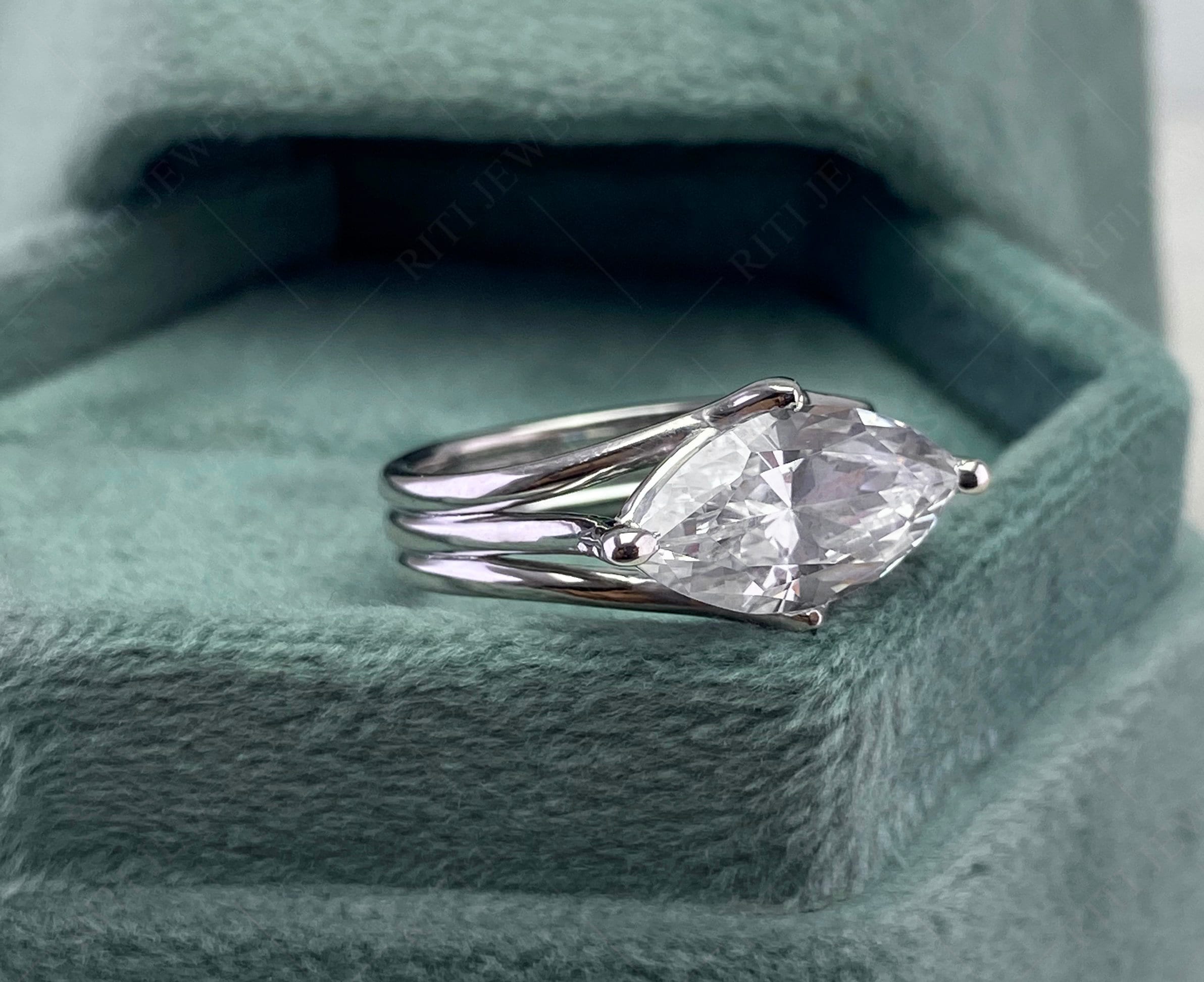 Sideways Marquise Cut Ring, Horizontal Moissanite Ring, East West ...
