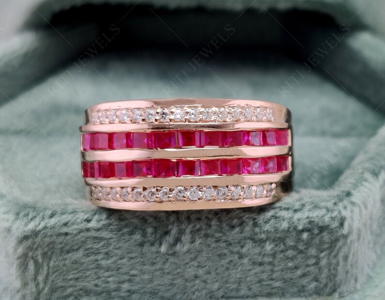 Ruby Anniversary Rings for Women, Channel Set Ruby Diamond Wedding Band ...