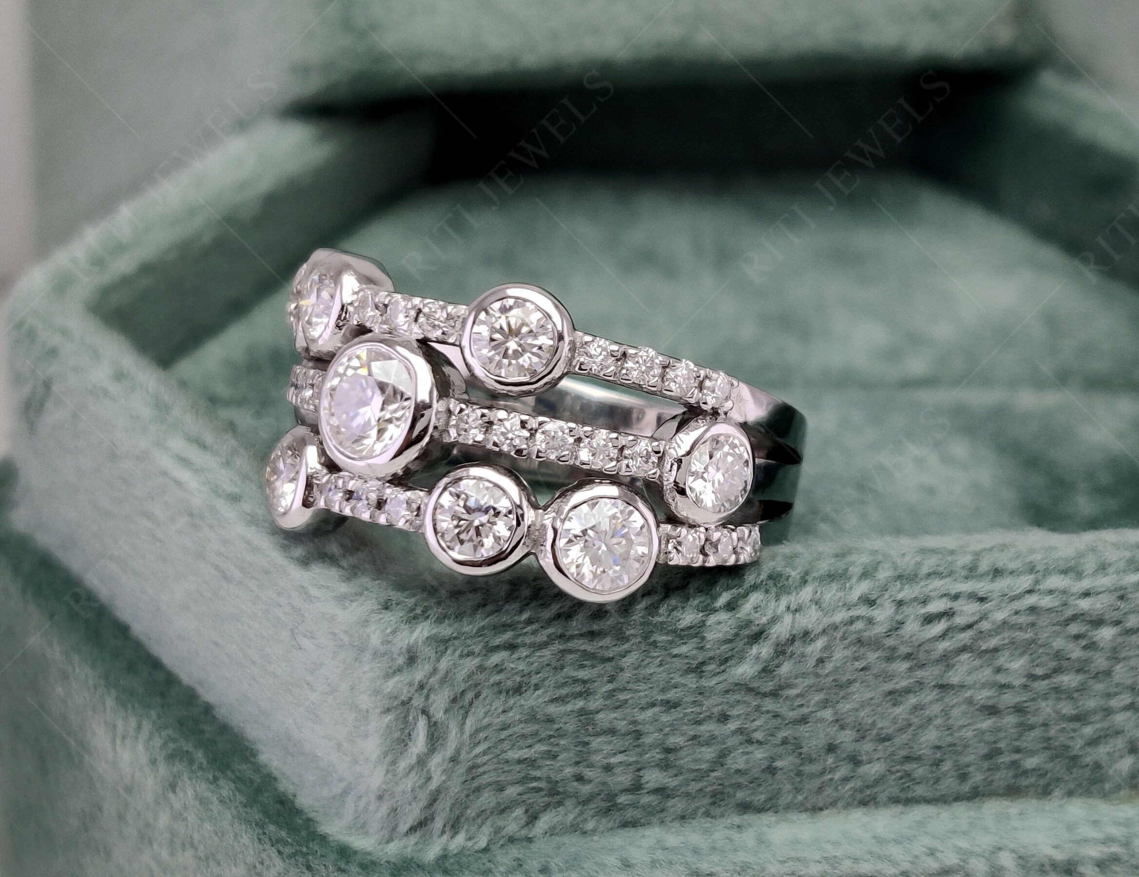 Three Row Moissanite Scatter Ring, Bubble Style Ring, Vintage Inspired ...