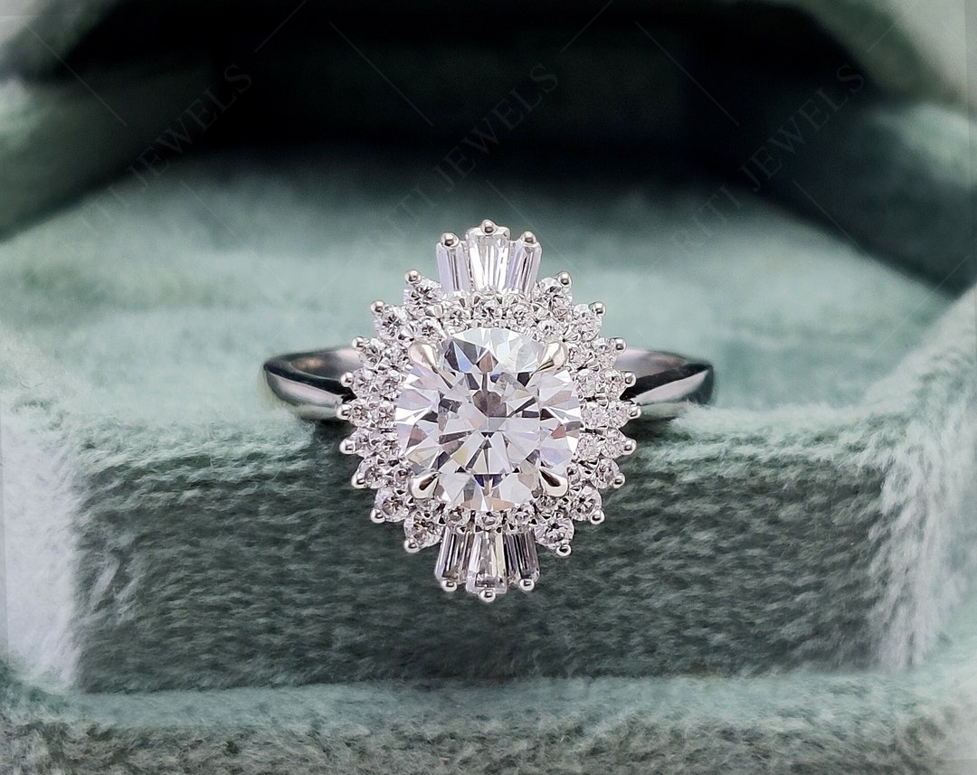 Gatsby Engagement Ring, Starburst Vintage Ring, Double Halo Moissanite ...