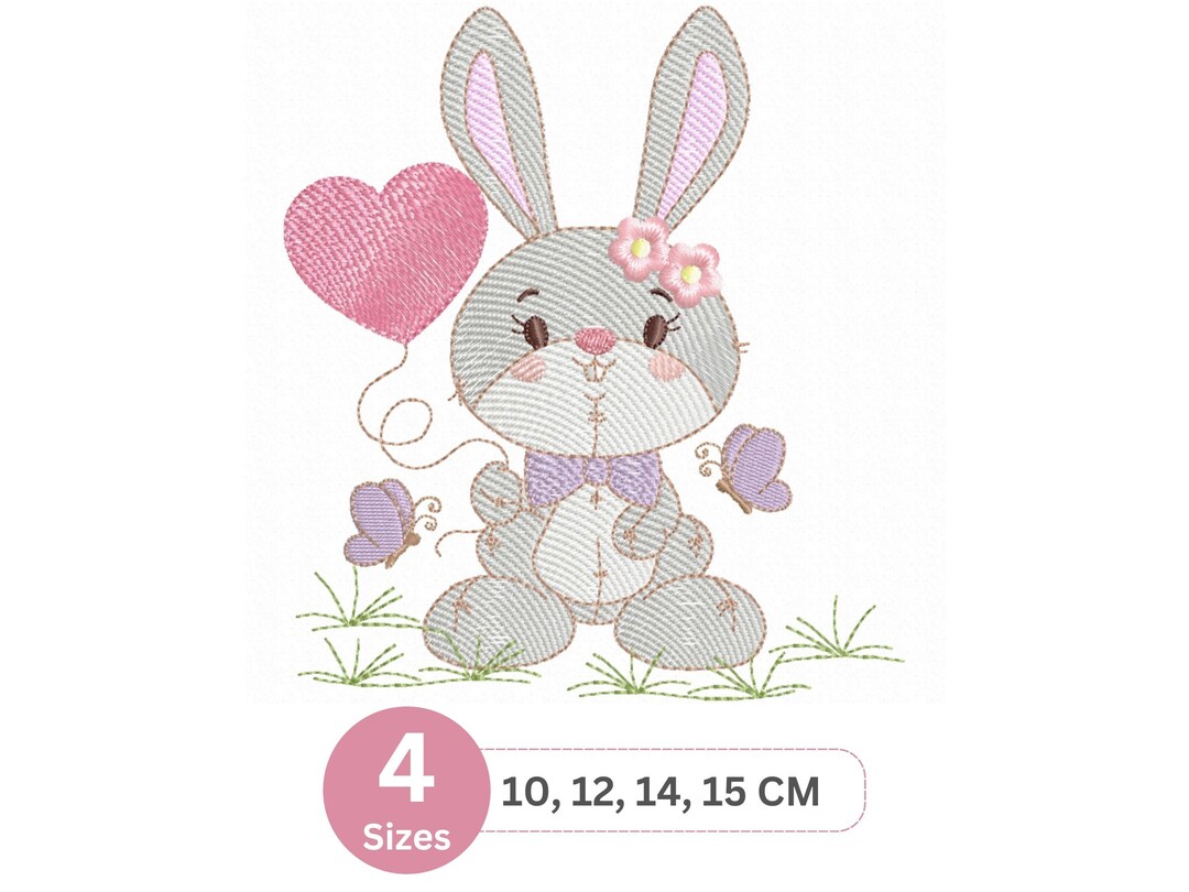 Sweetheart Bunny Embroidery Design - Cute Rabbit With Heart Balloon and ...