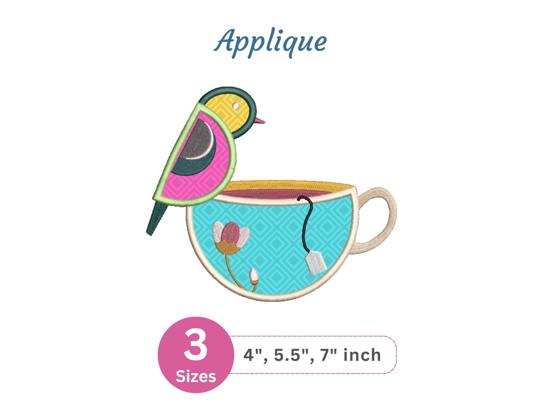 Teacup With Bird Applique Embroidery Design | Tea Cup Machine ...