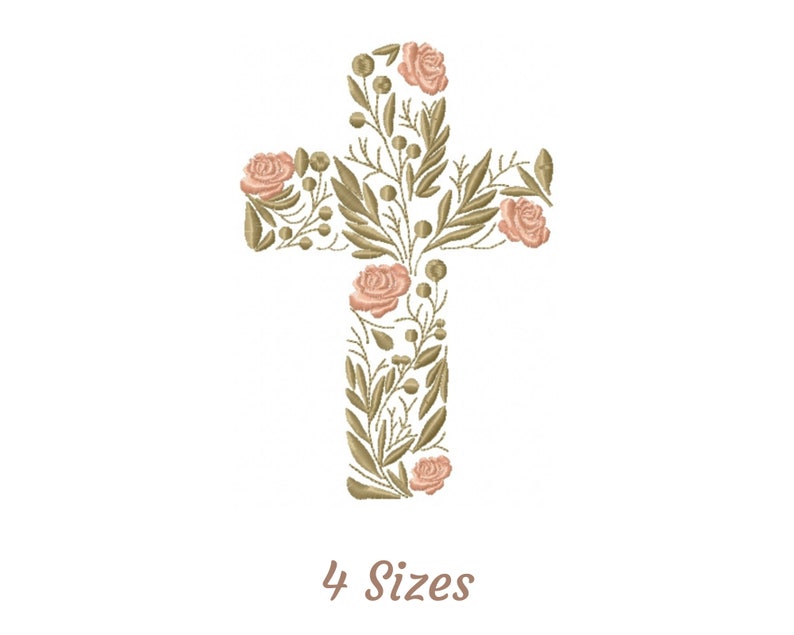Floral Cross Embroidery Design - Green Leaves and Pink Flowers Machine ...