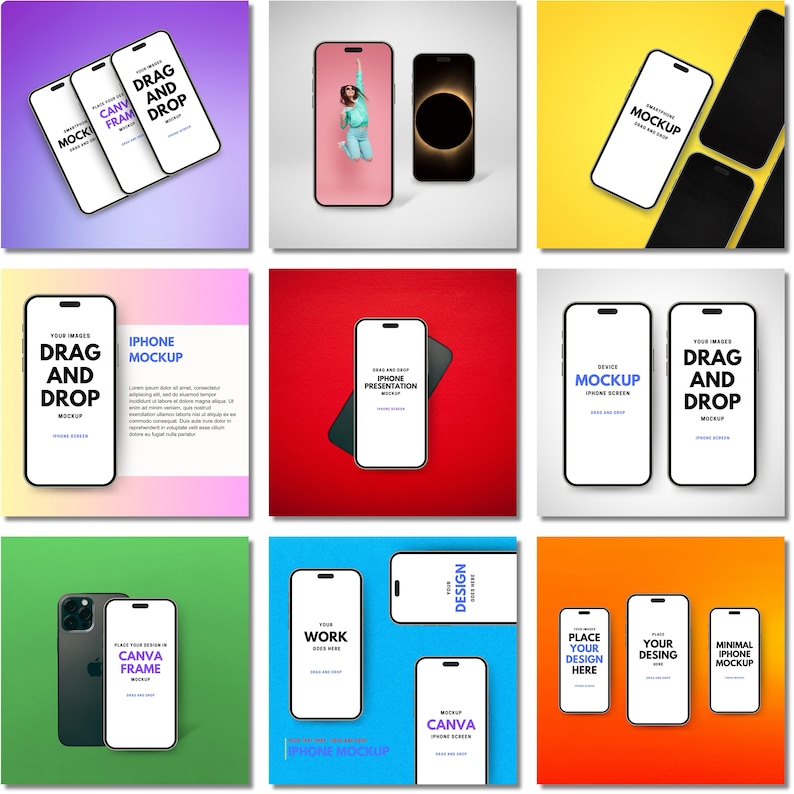 Apple iPhone Mockup-canva Designs and Elements - Mobile Phone Mockup Easy Drag and Drop, Framed ...