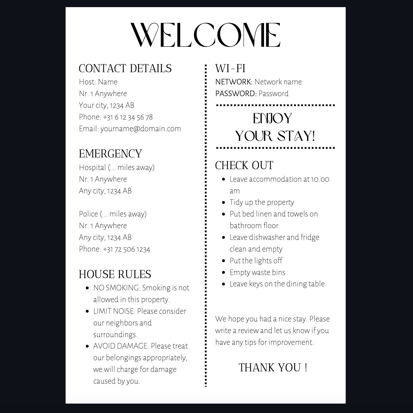 English Welcome Sign Template | Airbnb | English | Checkout ...