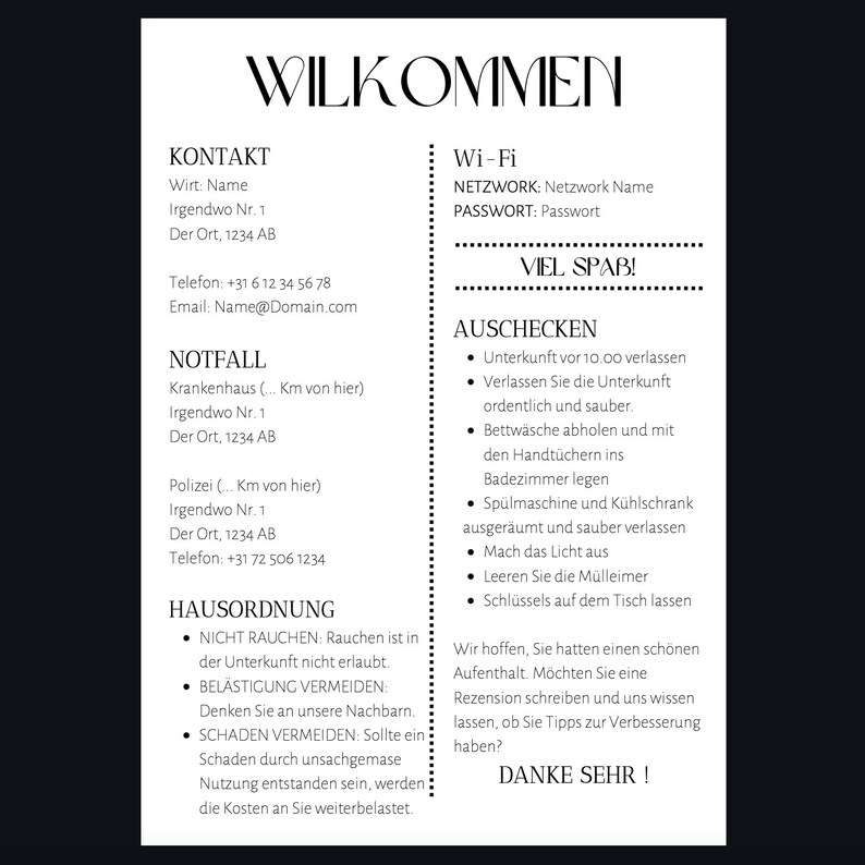 Dutch Welcome Sign Template Airbnb DUTCH Welkom Checkout Instructions ...