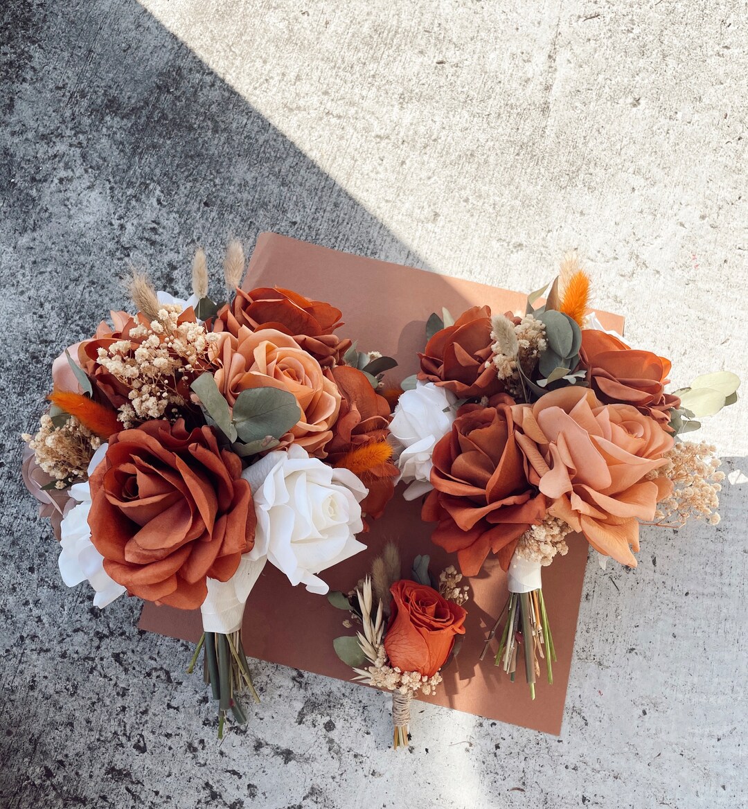 Burnt Orange Wedding Bouquet/ Real Touch Rose/ Dried and Preserved ...