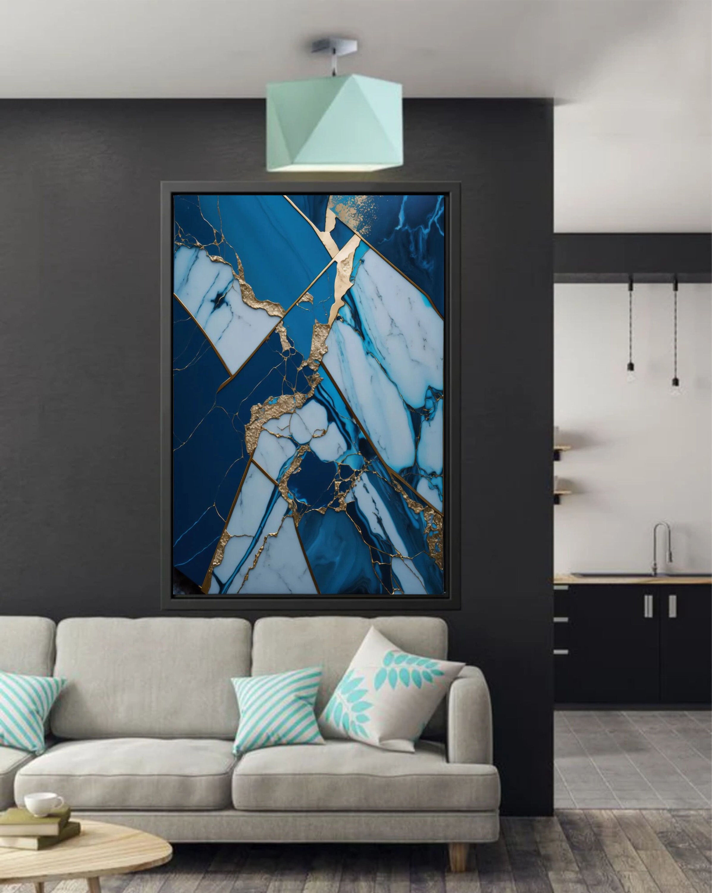 Abstract Sapphire Kintsugi Canvas Wall Art,abstract Sapphire Kintsugi ...