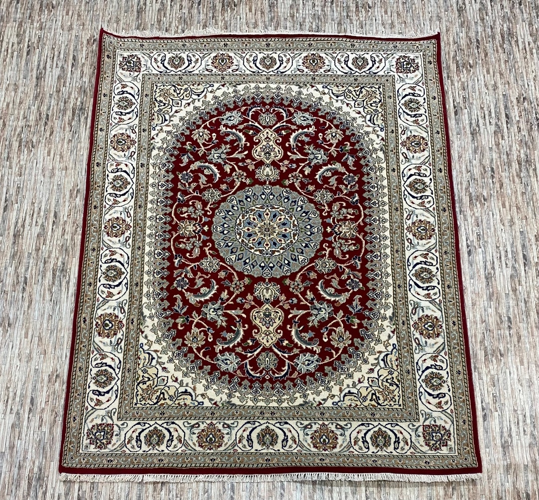 Hand-knotted Persian Rust Beige Wool Rug - Traditional Medallion Design ...
