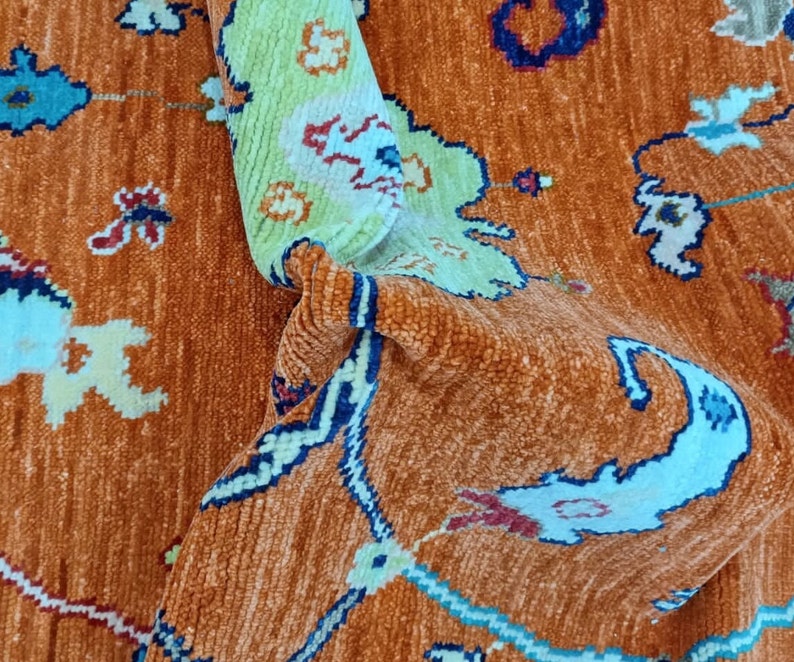 Rust Orange Modern Oushak Turkish Rug - Orange Border, Colorful Dining ...