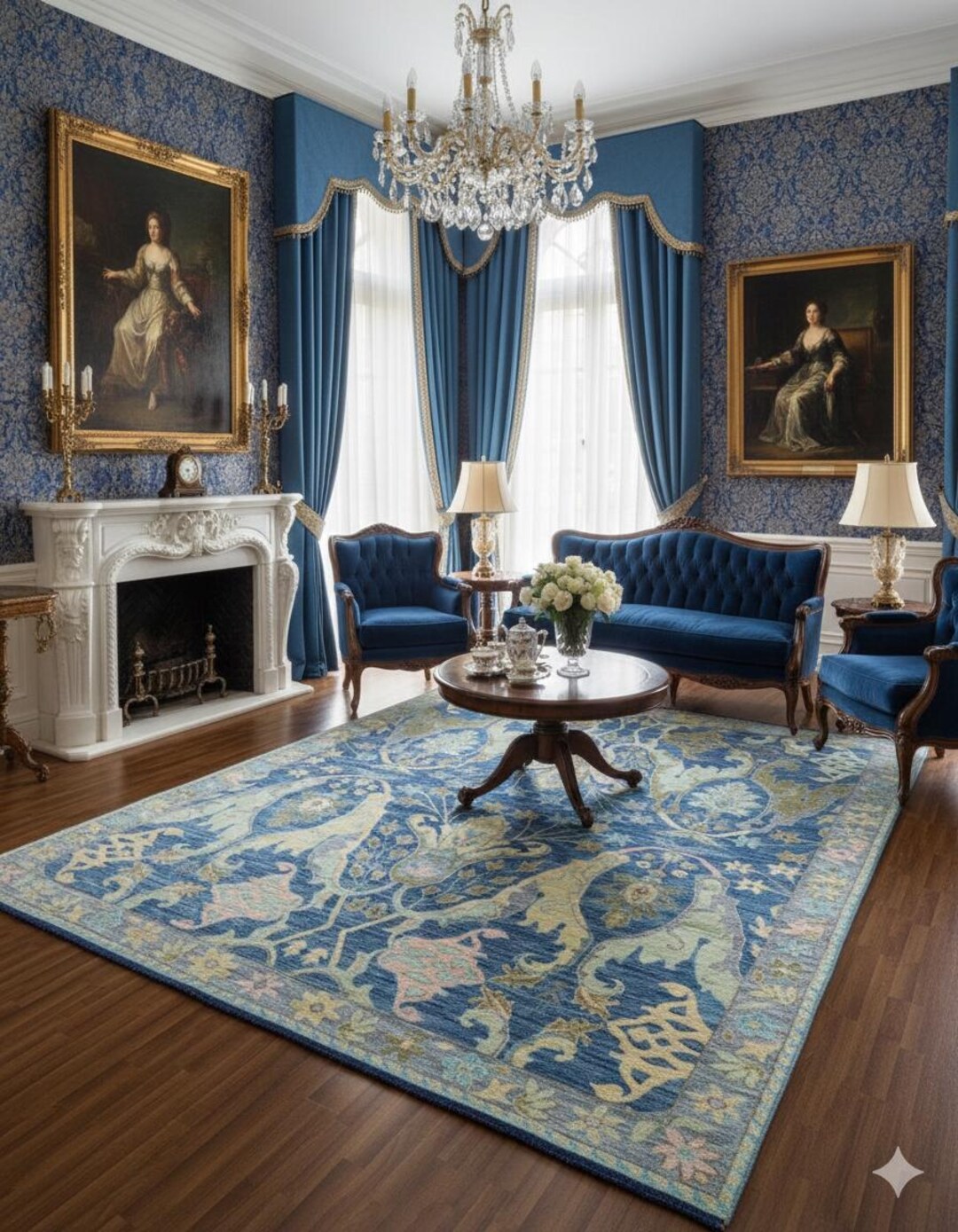 Hand-knotted Wool Oushak Rug • Blue Floral Carpet - Etsy