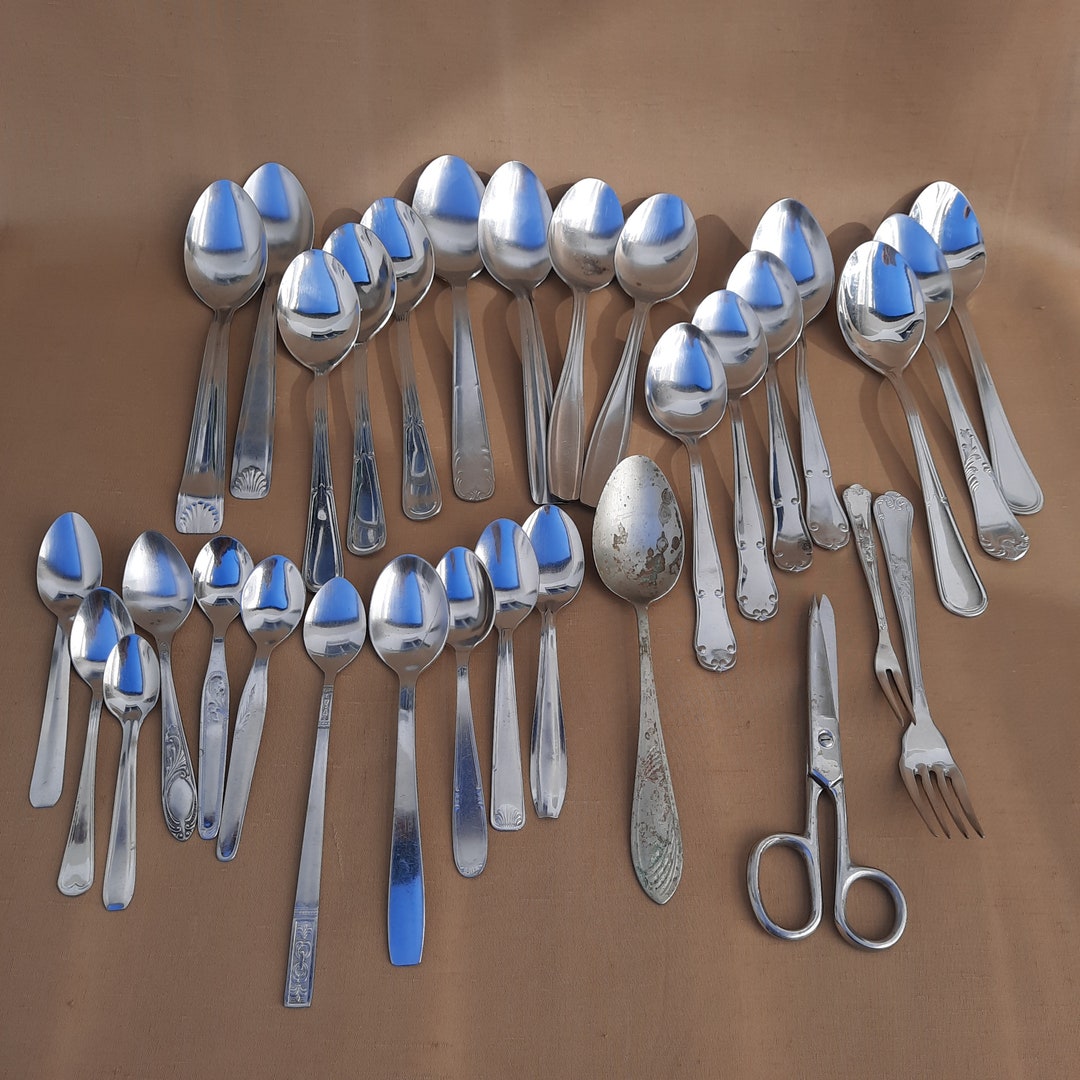 Vintage Stainless Steel Cutlery Set: Mixed Spoons, Forks & Scissors - Etsy