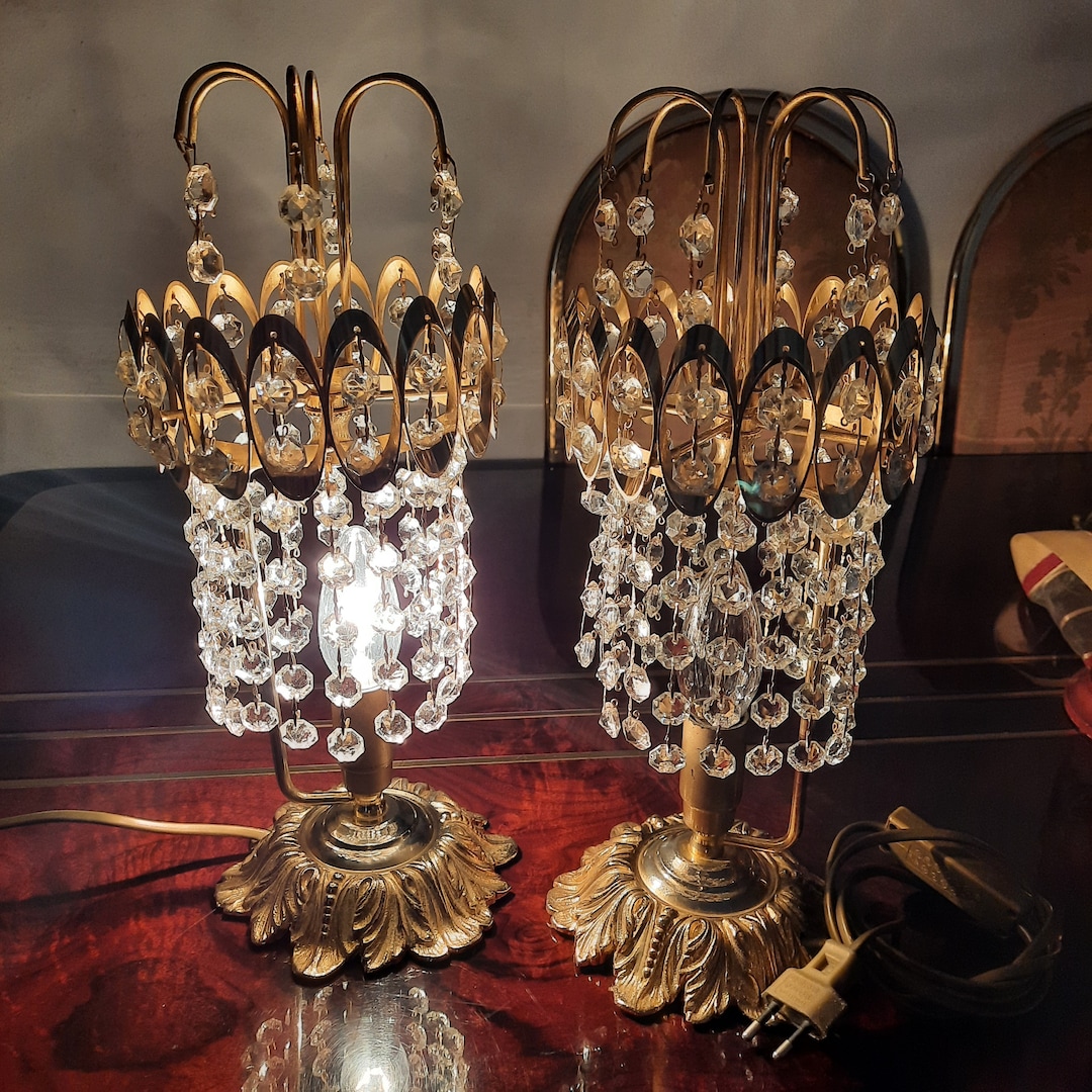 Pair of Antique Brass and Crystal Table Lamps, 1970. - Etsy