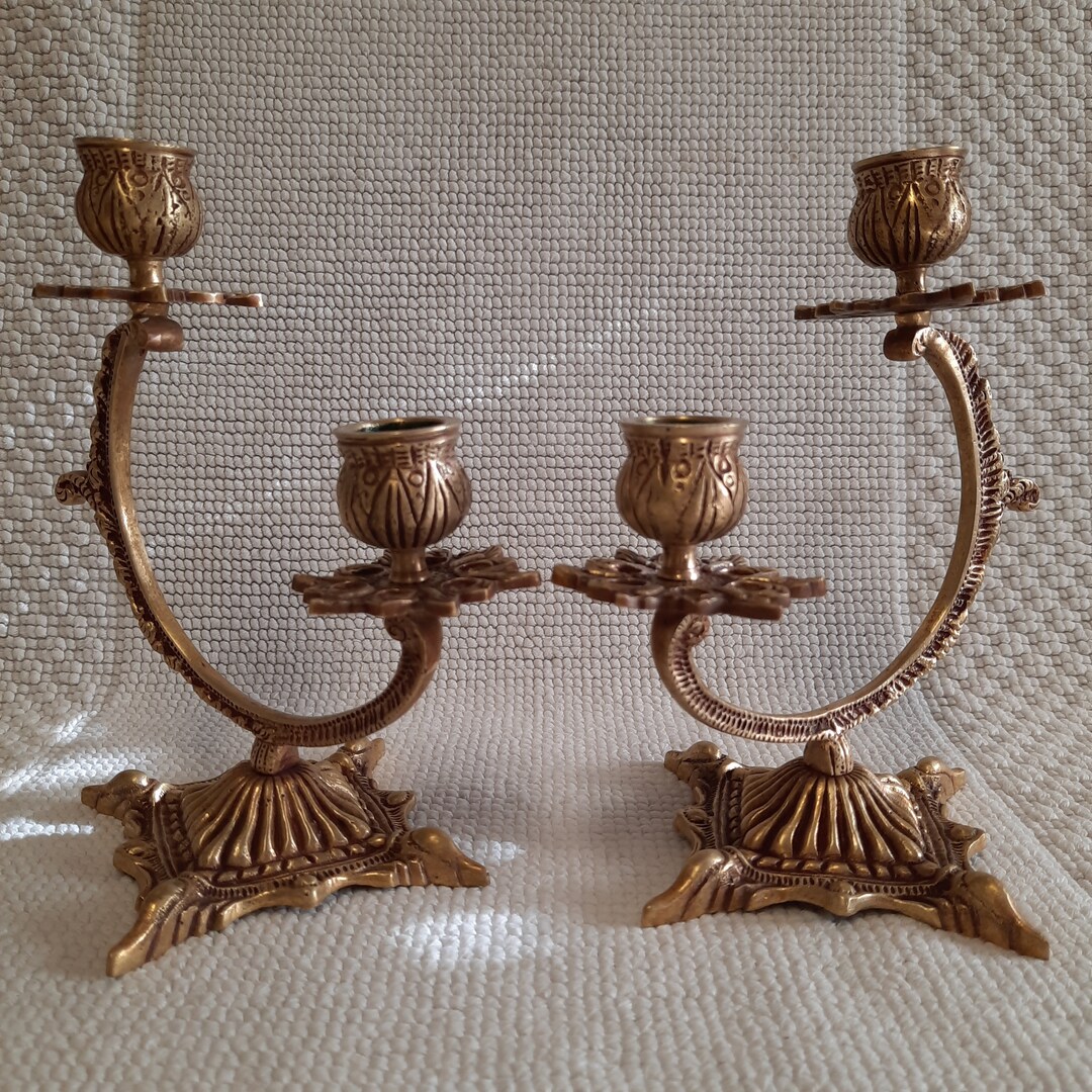 Pair of Antique Brass Candlesticks. Metal Candlestick for Two Candles ...