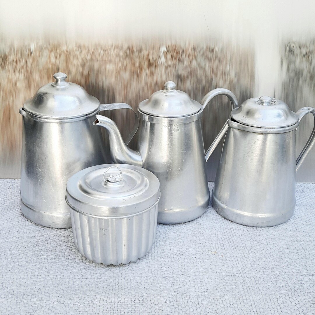 Vintage Aluminum Cookware Set | Coffee Pots, Milk Jug, Teapot, Cake Pan ...
