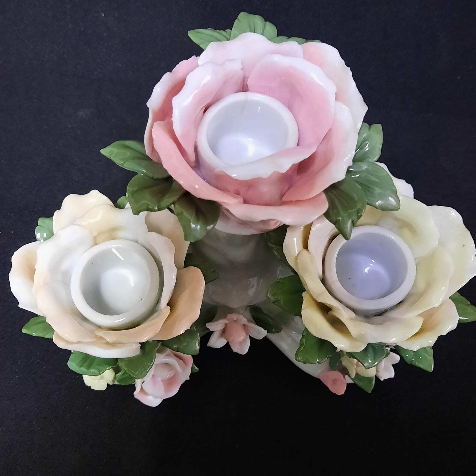 Vintage Porcelain Triple Candle Holder – Floral Rose Design – Hand ...