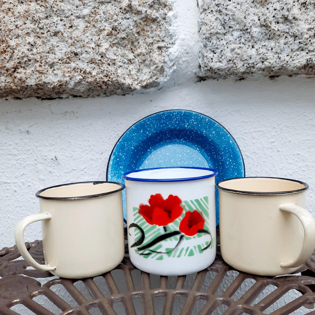 Vintage Enamelware Mug & Plate Set: Retro Kitchen Decor - Etsy