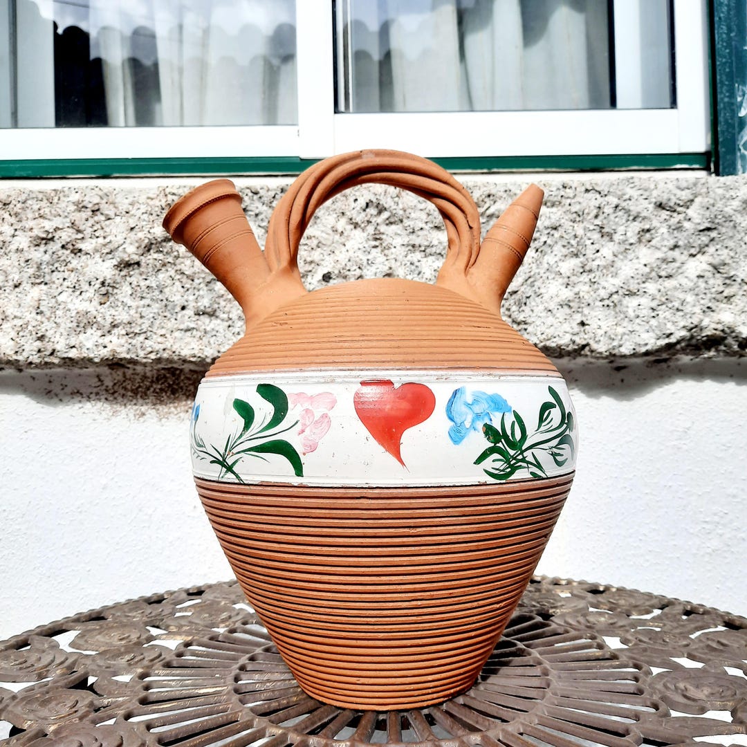 Portuguese Terracotta Jug: Rustic Hand-painted Folk Art Vessel - Etsy